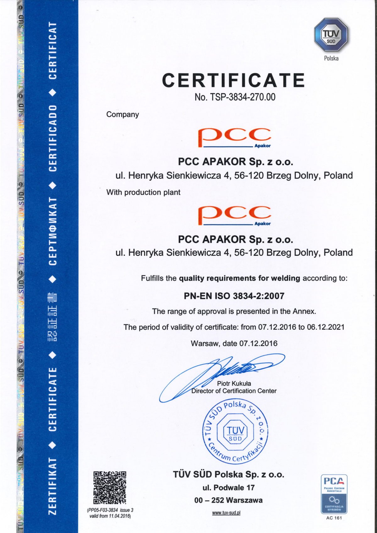 Certificates and qualifications - PCC Apakor